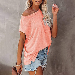 Padaleks Womens Casual Solid Color Short Sleeve Round Neck T Shirts Summer Loose Fit Blouses Tops with Pocket
