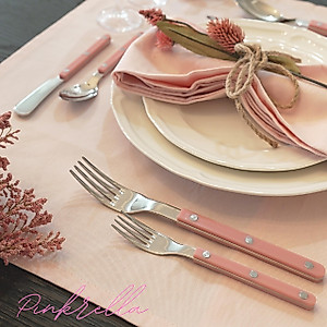 PINKRELLA 6-Piece Stainless Steel Flatware Silverware Cutlery Set - Color Handle with Rivet/Retro Style - Includes Dinner Knife; Dinner Fork; Salad Fork; Soup Spoon; Teaspoon; Spreader (PINK)
