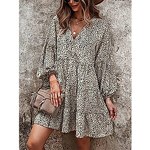 TEMOFON Womens Long Sleeve Fall Dress: Leopard Printed Tunic Casual Loose V Neck Fall Flowy Mini Dresses Khaki L