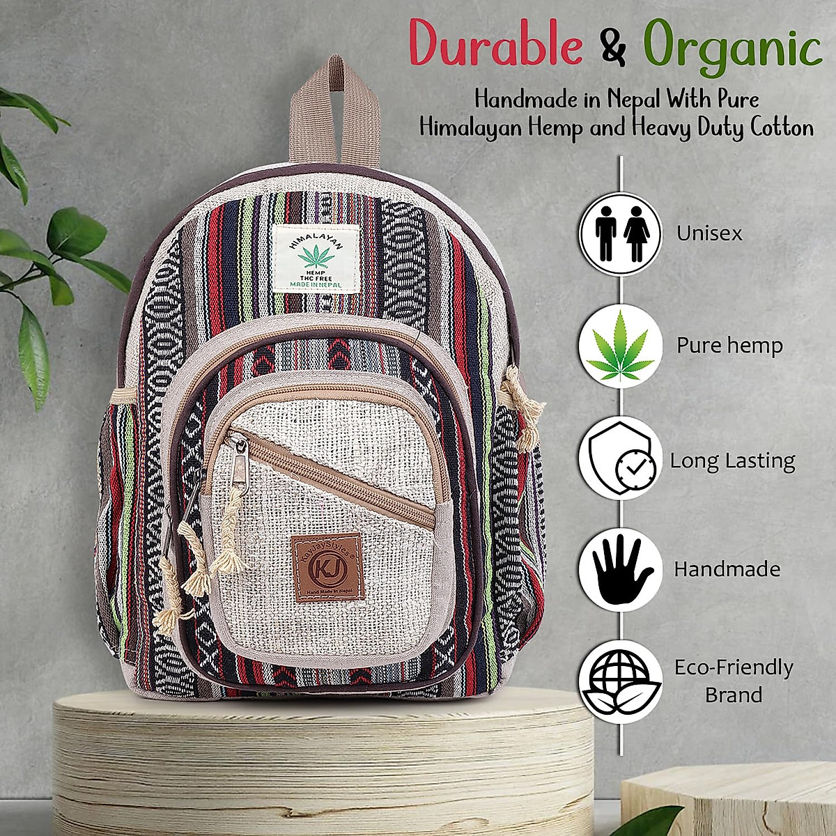 KayJayStyles Small Lightweight Daypack Backpack Handmade Himalayan Hemp Travel, Hiking, Purse for Men, Women & Girls