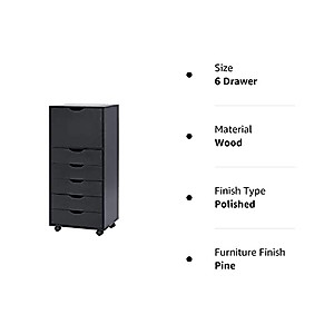 Naomi Home 6 Drawer Dresser for Bedroom, Stylish Tall Dressers with Wheels, Storage Shelves, Small Dresser for Closet, Makeup Dresser with 180 lbs Capacity - Black