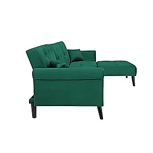 115¡±W Button Tufted Velvet Convertible Sectional Sofa Bed Sleeper with Reversible Chaise & 2 Pillows Indoor Modular Sofa (Green)