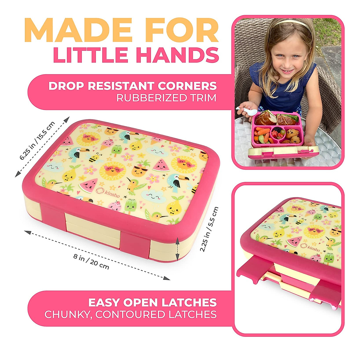 kinsho Bento Lunch Box for Kids Toddlers Girls, 4 Portion Sections Secure Lid, Microwave Safe BPA Free Removable Tray, Pre-School Kid Daycare Lunches Snack Container Ages 3 to 5, Cute Summer