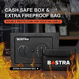 Bostra Fireproof Safe Box with Sensor Light & Fireproof Bag, Money Safe Box with Digital Keypad,Security Safe Box for Home, 0.23 Cubic Small Safe with Keys & Pass Code for Cash Jewelry Black