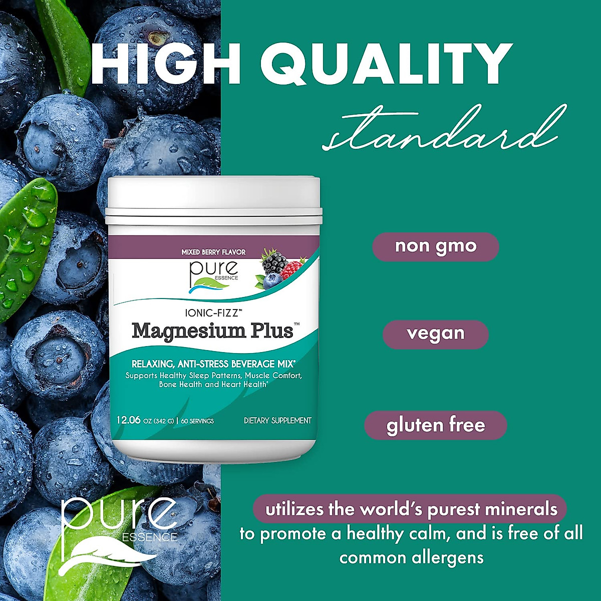 Pure Essence Labs Ionic Fizz Magnesium Plus, Anti-Stress Supplement Drink Powder, Gluten Free and Non-GMO Magnesium Powder (Mixed Berry, 12.06 Ounce (Pack of 1))