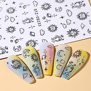 JMEOWIO 12 Sheets Moon Star Sun Nail Art Stickers Decals Self-Adhesive Pegatinas Uñas Black Nail Supplies Nail Art Design Decoration Accessories