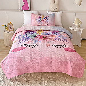 Twin Size Quilt Set for Girls 2-Piece Pink Unicorn Kids Comforter Bedding Set Stars Flowers Reversible Quilted Bedspread Coverlet Lightweight Bed Sheet Set Cover Throw Blanket with Pillow Sham