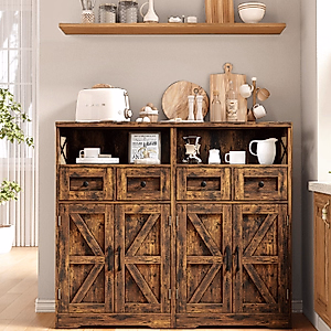 Befrases Farmhouse Storage Cabinet with Drawers and Shelves, Freestanding Kitchen Pantry Storage Cabinet, Floor Storage Cabinet Hutch Cupboard for Dining/Living Room/Home Office, Rustic Brown