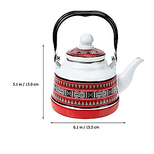 Zerodeko 1.1L Enamel Tea Kettle Stovetop Teapot Porcelain Enameled Teakettle Farmhouse Geometric Patterns Hot Water Kettle Pot for Camping Outdoor Kitchen Hotel Red
