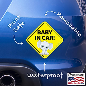 Stickios Baby in Car Stickers for Boys & Girls (2-Pack) - Paint-Safe, Removable, Non-Magnetic Baby Safety Stickers for Cars & Windows - Baby Elephant (2 Vinyl Decals)