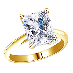 Wishrocks Emerald Cut White Cubic Zirconia Engagement Wedding Solitaire Ring for Womens in 14K Yellow Gold Over 925 Sterling silver, Gift Jewelry for Her, Wife Ring Size- 10