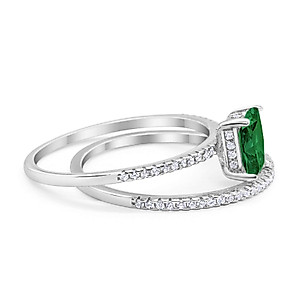 Blue Apple Co. Art Deco Two Piece Wedding Engagement Bridal Set Radiant Simulated Green Emerald CZ 925 Sterling Silver Size-8
