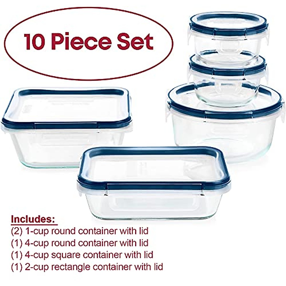 Pyrex Freshlock 10-Piece Airtight Glass Food Storage Container Set with Microban, Non Toxic, BPA-Free Locking Lids with 4 Tabs for Antimicrobial Protection