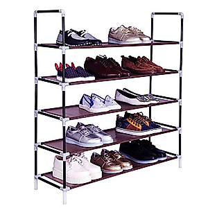 Hooseng Simple Assembly Shoe Rack 5 Tiers Non-woven Waterproof Fabric Shoe Storage Organizer 39.37 x 11 x 37.4inch with Handle Dark Brown