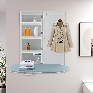 Wall Mount Ironing Board Cabinet, Built-in Swivel Ironing Board Foldable with Storage, Wall Hanging with Mirror, White