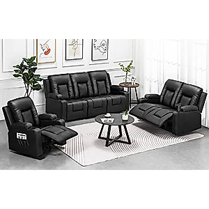 COMHOMA Recline Chair Set，Furniture 3PC Bonded Leather Recliner Set Living Room Set, Sofa with massger(Black, 3+2+1)