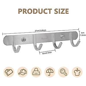 Sagmoc Coat Hook Rack Brushed Nickel 10.6-Inch Coat&Towel Hook Rail Wall Mounted with 4 Hooks, Durable Wall Hangers for Bedroom, Bathroom, Foyer, Hallway (SUS304 Stainless Steel)