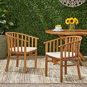 GDFStudio Outdoor Wooden Dining Chairs with Cushions (Set of 2), Cream and Finish