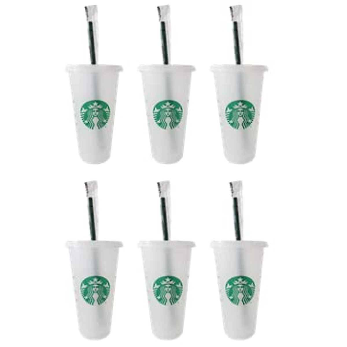 Starbucks 6 Pack Bundle - Reusable Frosted 24 oz Cold Cups with Lid and Green Straw w/ Stopper