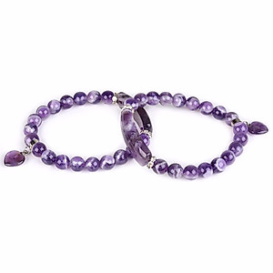 Natural African Amethyst Gem Semi Precious Gemstone Love Heart Charm Stretch Bracelet
