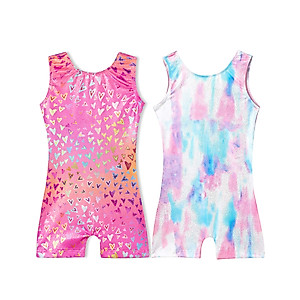Domusgo Girls Gymnastics Leotards 1t 2t Shiny Nenon Love Heart Biketard with Shorts Cute Pro Scrawl Dancewear for Children Party Competition