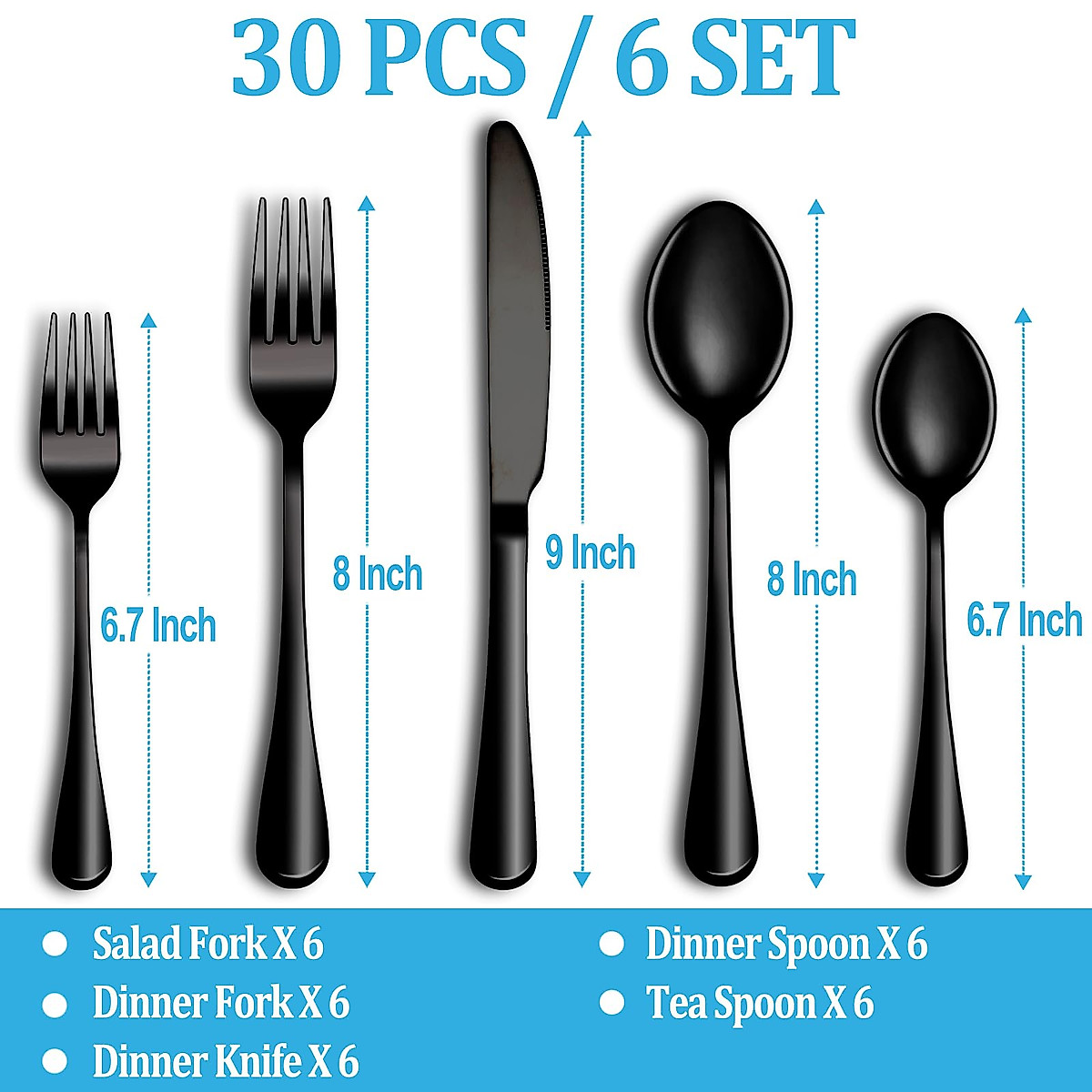 30 Pcs Black Silverware Set, Stainless Steel Flatware Set Service for 6, Mirror Polished Cutlery Utensil Set, Durable Home Kitchen Eating Tableware Set, Include Fork Knife Spoon Set, Dishwasher Safe