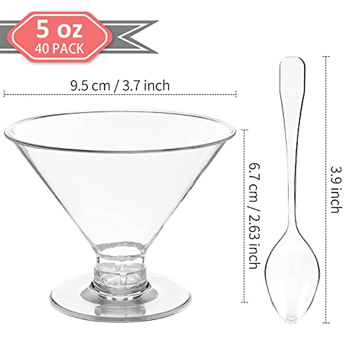 Zezzxu 40 Pack Plastic Martini Glasses - 5 oz Disposable Dessert Cups with Spoons Reusable Cocktail Glasses for Party Champagne, Parfait, Ice Cream, Pudding and Trifle