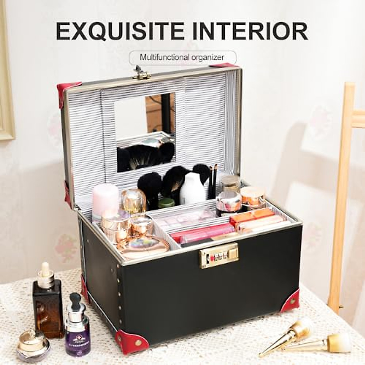 urecity Portable Retro Leather Makeup Train Case Cosmetic Organizer Case Leather Storage Box with Combination Lock (12.5", Black)