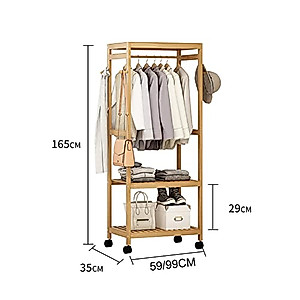 YXDFG Bamboo Garment Coat Clothes Hanging Heavy Duty Rack,Portable Rolling Garment Rack with Wheels, with Top Shelf and Shoe Clothing Storage Organizer Shelves,Dark,59×35×165cm