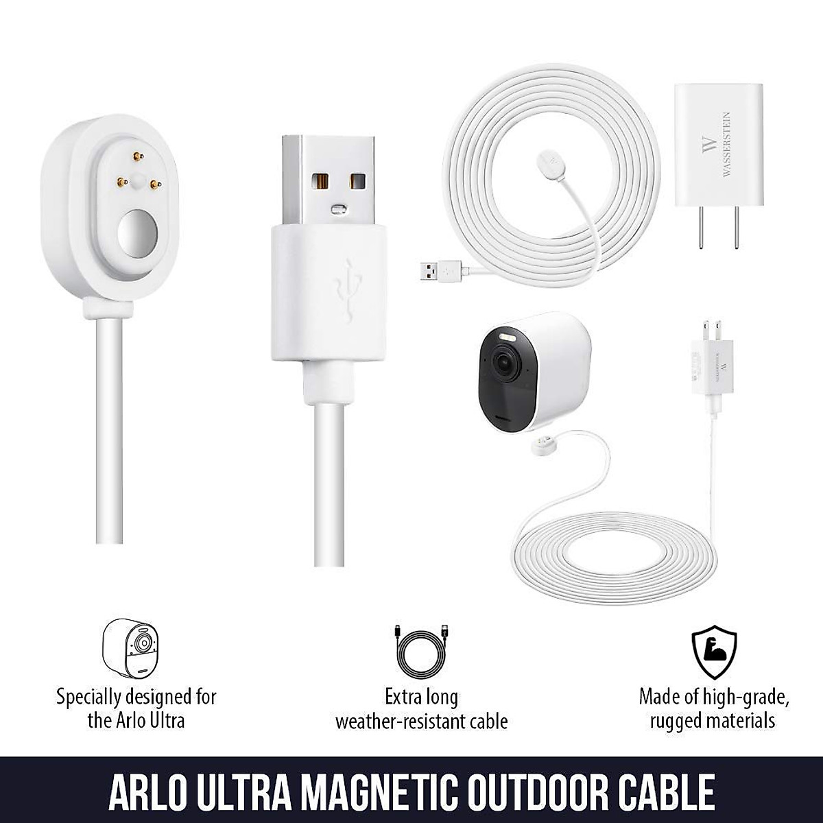 Wasserstein Bundle - Arlo White 16ft Weatherproof Magnetic Charging Cable & 2-Pack White Adjustable Metal Mount Compatible with Arlo Pro 3/Pro 4 & Arlo Ultra/Ultra 2 ONLY