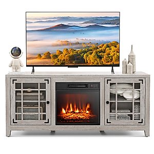 COSTWAY Electric Fireplace TV Stand for TVs up to 65-inch, 18-inch Fireplace Entertainment Center with Remote Control, Thermostat, TV Console with Adjustable Shelves for Living Room Bedroom, Natural