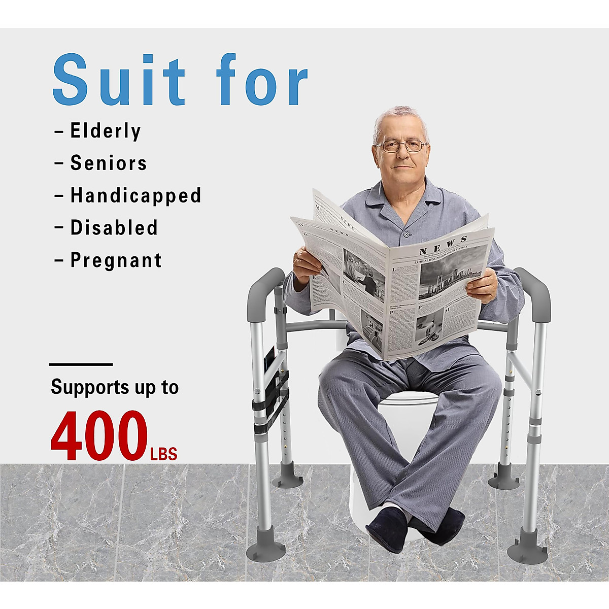 Delog Toilet Safety Rails, Adjustable Toilet Safety Frame for Elderly, Seniors, Handicap & Disabled, Toilet Frame with Handles, Foldable Handicap Toilet Rails Fit Any Toilets 400 LB