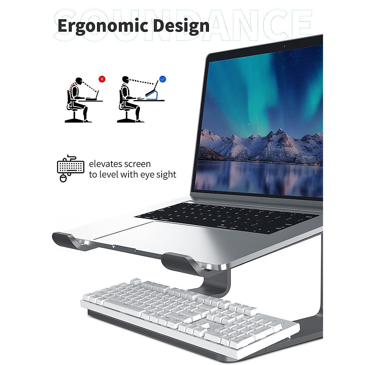 SOUNDANCE Laptop Stand, Aluminum Computer Riser, Ergonomic Laptops Elevator for Desk, Metal Holder Compatible with 10 to 15.6 Inches Notebook Computer, Grey