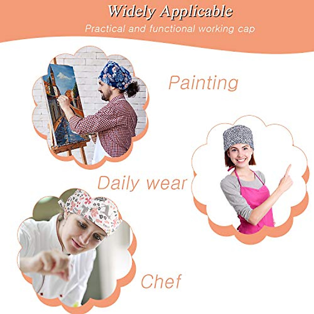 6 Pieces Scrub Caps with Buttons Women Working Cap Adjustable Sweatband Bouffant Hats (Floral Pattern) Multicoloured