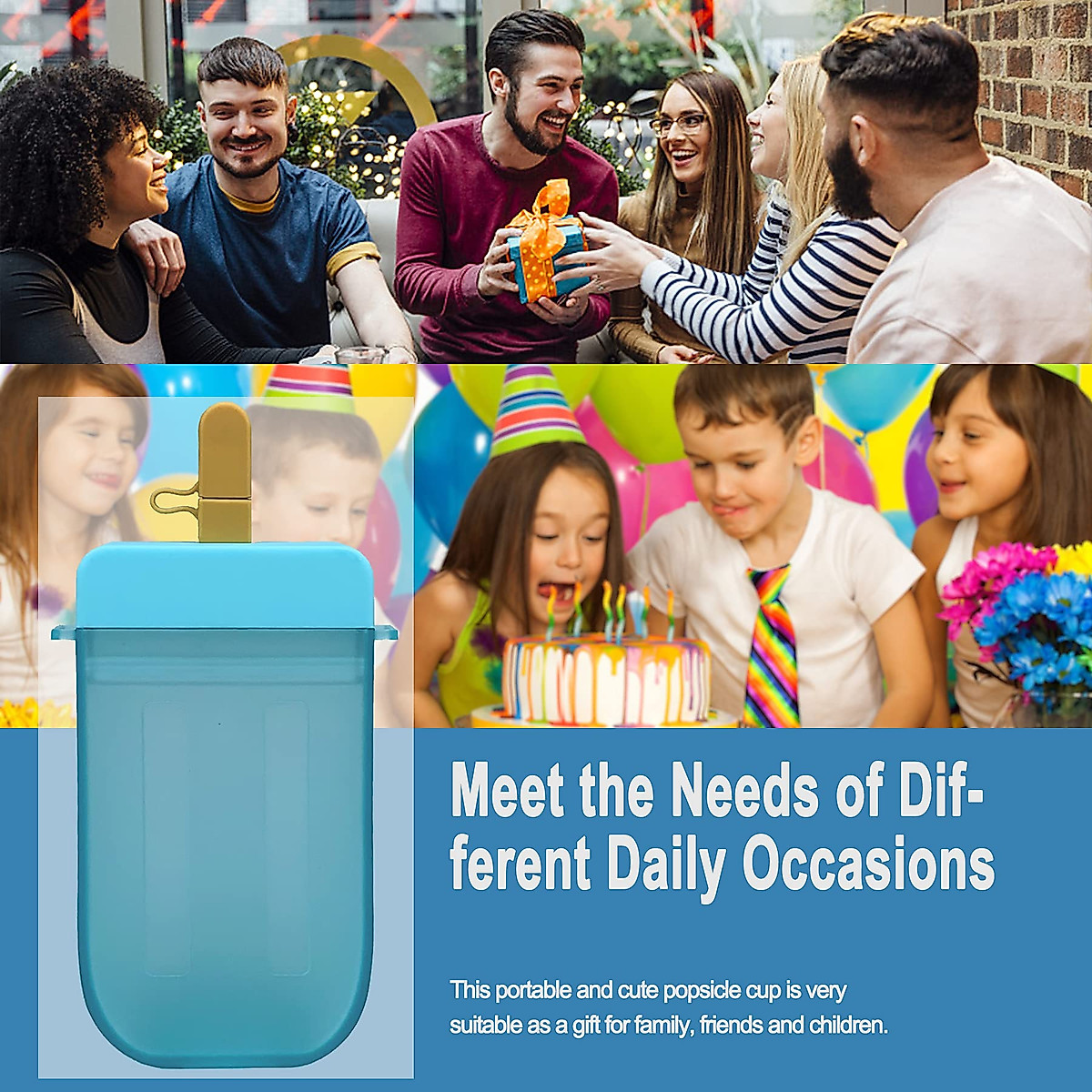 Cute Water Bottle with Straw, 300 ML Creative Ice Cream Popsicle Cups with Adjustable Shoulder Strap for School Girls Kids, Kawaii Flat Portable Leak proof Drinking Bottles for Camping Travel - Blue