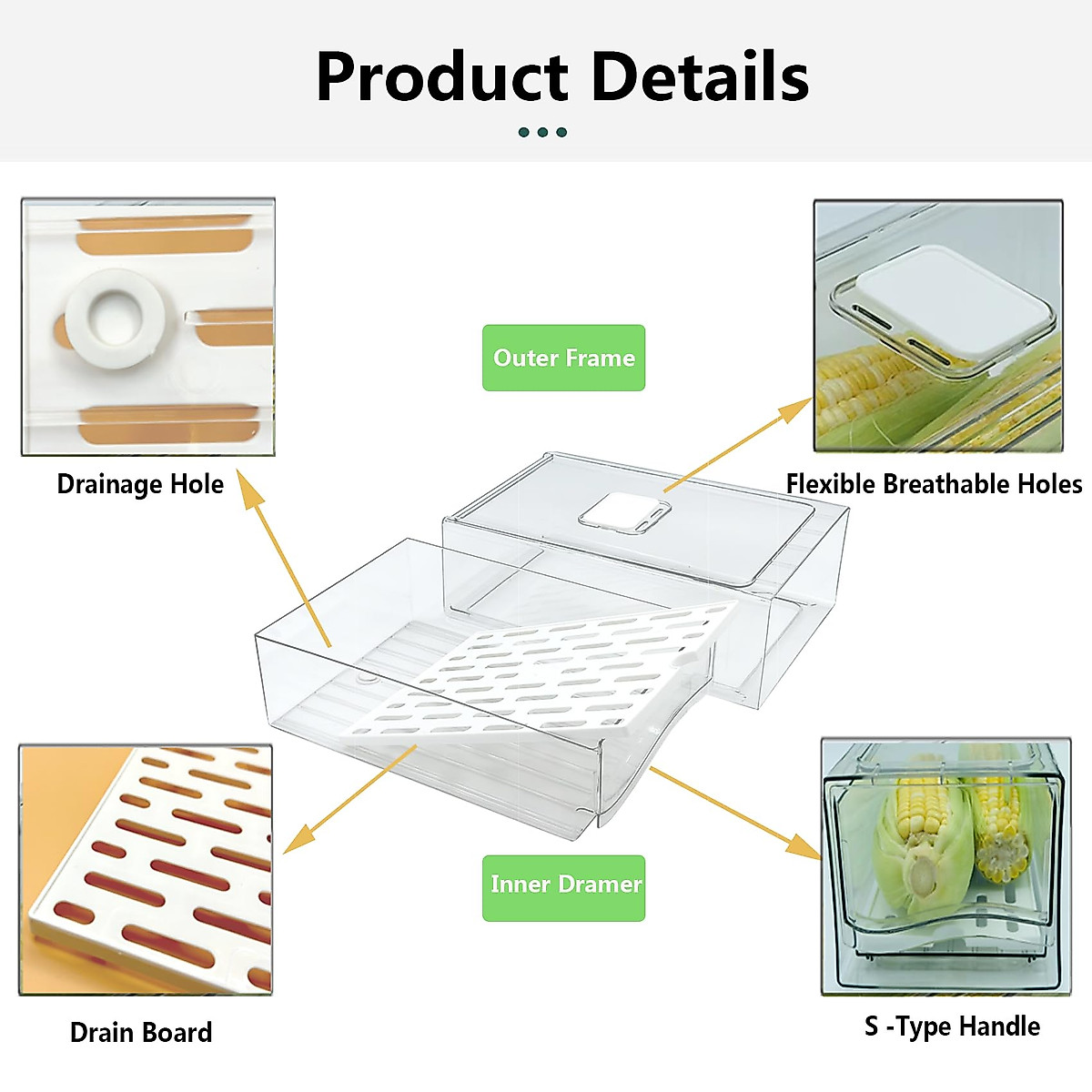 Femoliyes Refrigerator Organizers and Storage Drawer, Stackable Fruit Storage Containers for Fridge, Reusable Fridge Organizer fit for Kitchen Refrigerator and Restaurant Freezer (2 Drawers, Large)