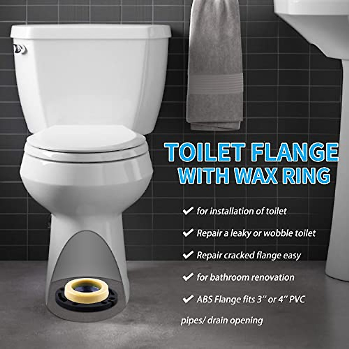 MENNTY Toilet Flange with Wax Ring for Toilets Replacement Kit Includes Bolts PVC Toilet Flange Repair Kit for 3" or 4" Pipes, Fit Toilet Install & Repair