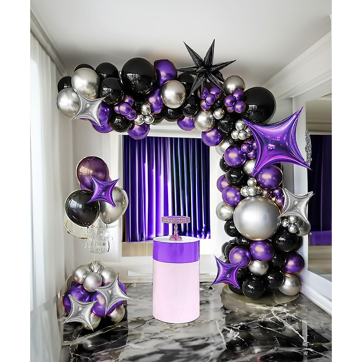 Chrome Purple Black silver Balloon garland kit 126Ppcs with large star balloons for women 21/30th Birthday graduation Prom Halloween Wednesday party 2025 grad party Decorations