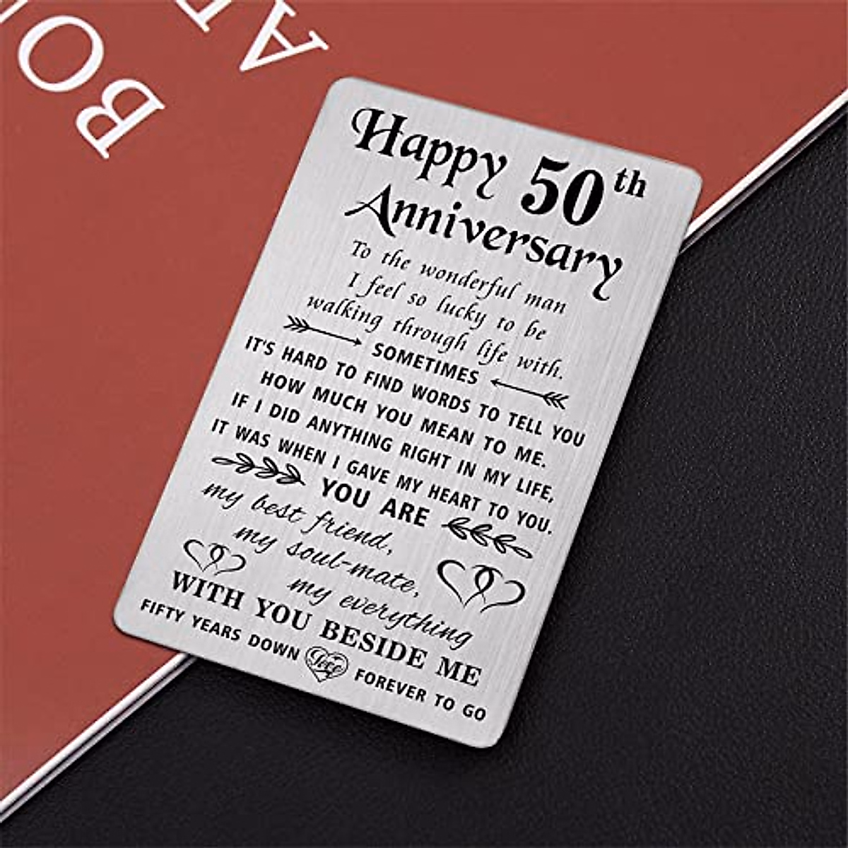 TANWIH 50th Anniversary Card for Husband - 50 Years Down Forever to Go - 50 Year Wedding Anniversary Card Gifts for Him Men, Engraved Metal Wallet Card