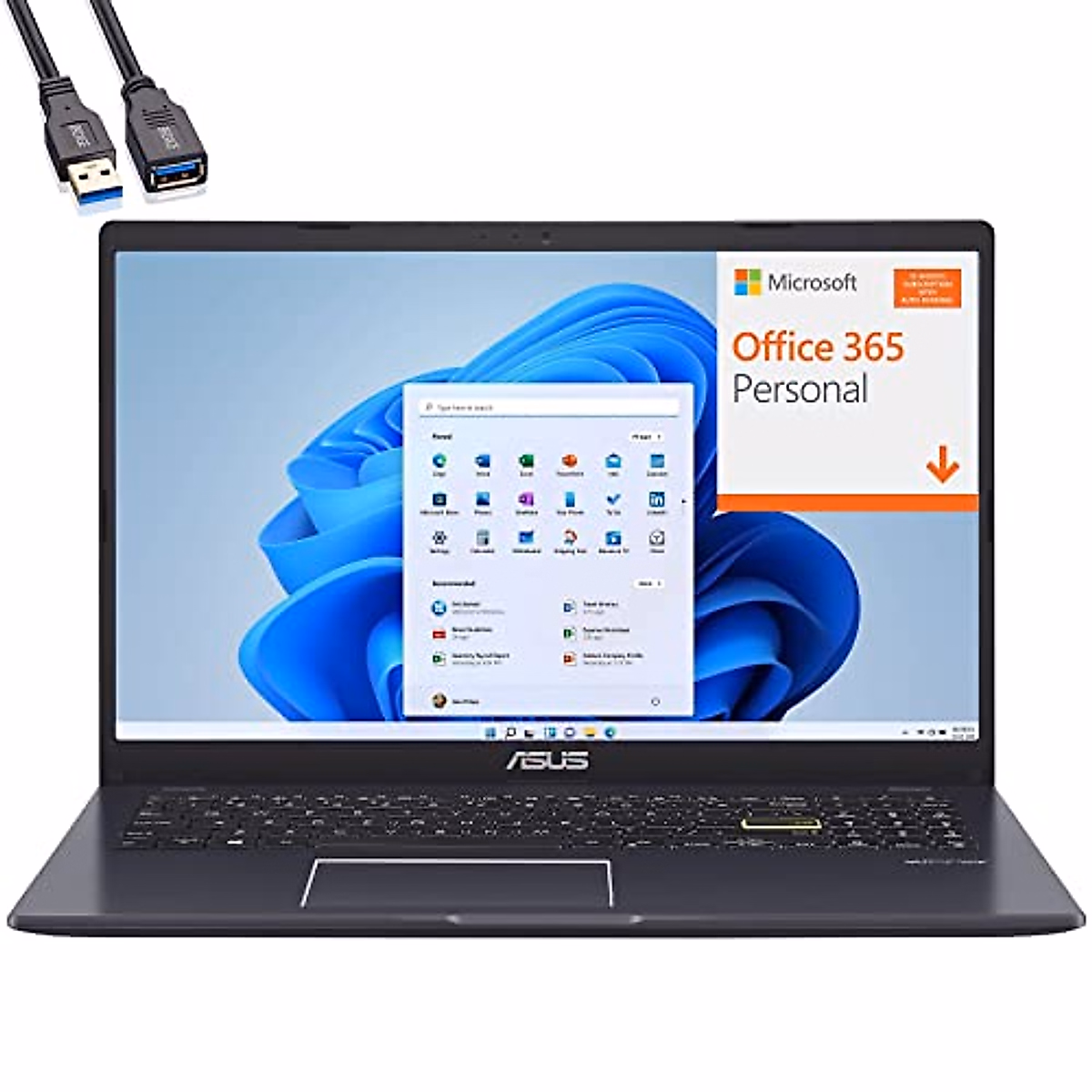 ASUS L510 15.6" Ultra Thin Laptop, Quad-Core Intel Pentium Silver N5030, 4GB DDR4 RAM, 128GB eMMC, 1 Year Office 365, AC WiFi, Bluetooth, USB-C, Black, Windows 11 Pro, BROAG USB Extension Cable