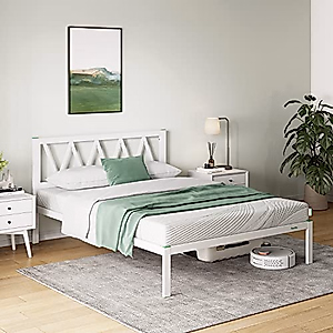 Novilla 14 Inch Queen Size Bed Frame with Headboard, Platform Bed Frame No Box Spring Needed, Metal Queen Bed Frame with Storage Space, Wooden Slats Support, Easy Assembly, White