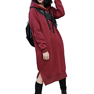NUTEXROL Womens Thickening Long Fleece Sweatshirt String Hoodie Dress Pullover Plus Size, XX-Large, Red