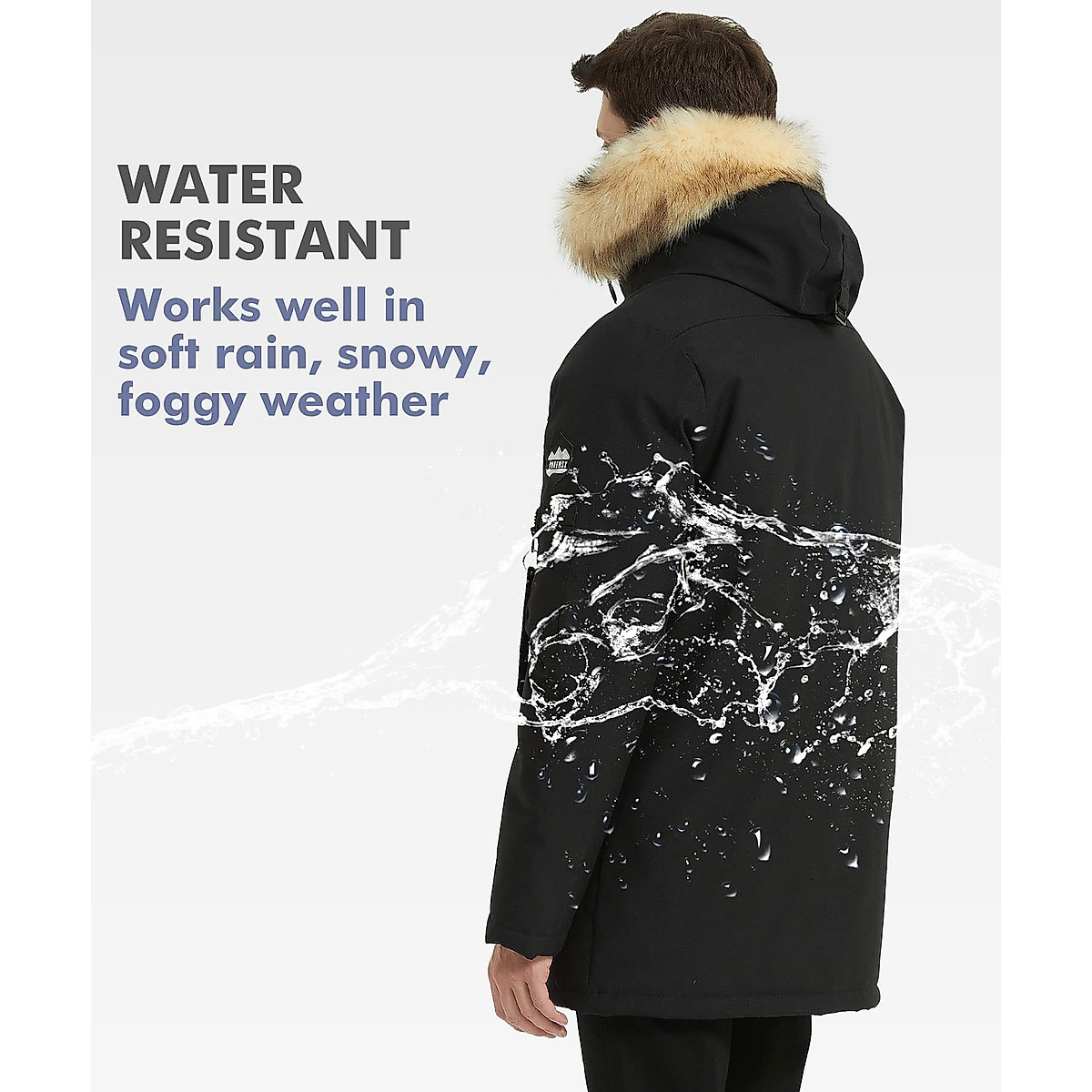 PUREMSX Puffer Jacket Men, Thick Winter Windproof Water Resistant Fur Hood Long Padded Outdoor Parka Coat,Black,X-Small