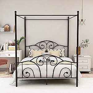 RYR Queen Size Canopy Bed Frame Four Poster Metal Platform Bed with Headboard Footboard, No Box Spring Needed Black