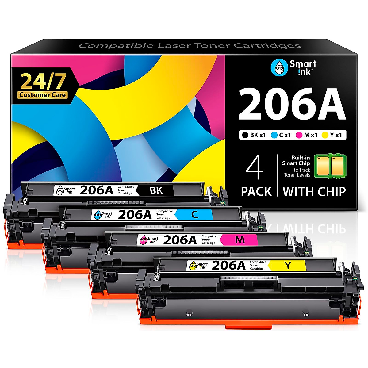 Smart Ink Compatible Toner Cartridge Replacement for HP 206A 206 A with Built-in Chip (4 Pack) to use with Color Laserjet Pro MFP M283fdw M283cdw Laserjet Pro M255dw M255nw (Black Cyan Magenta Yellow)