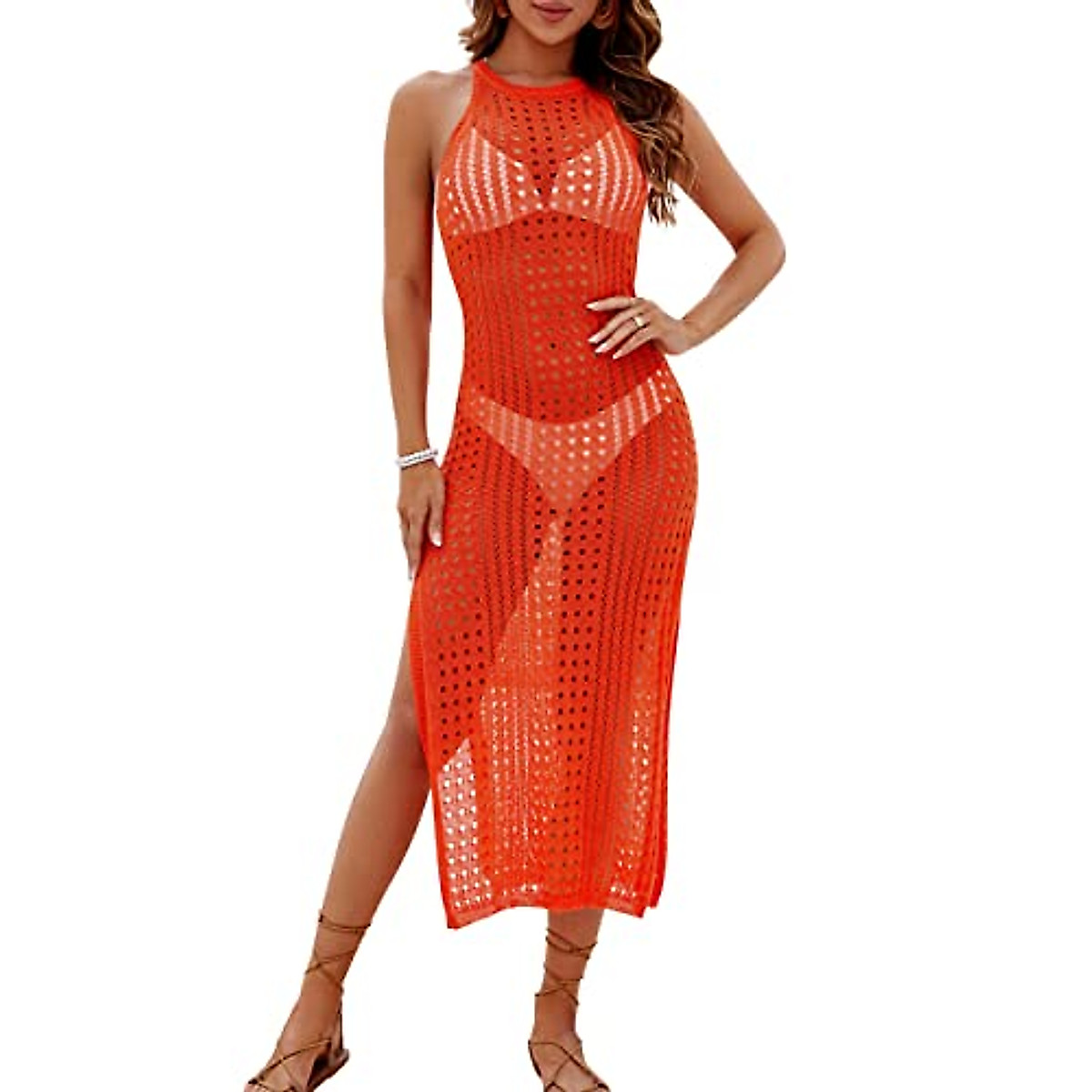 BMJL Womens Crochet Cover Up Sleeveless Side Split Cute Coverups Hollow Out Swimsuit Cover Ups (Large, Orange)