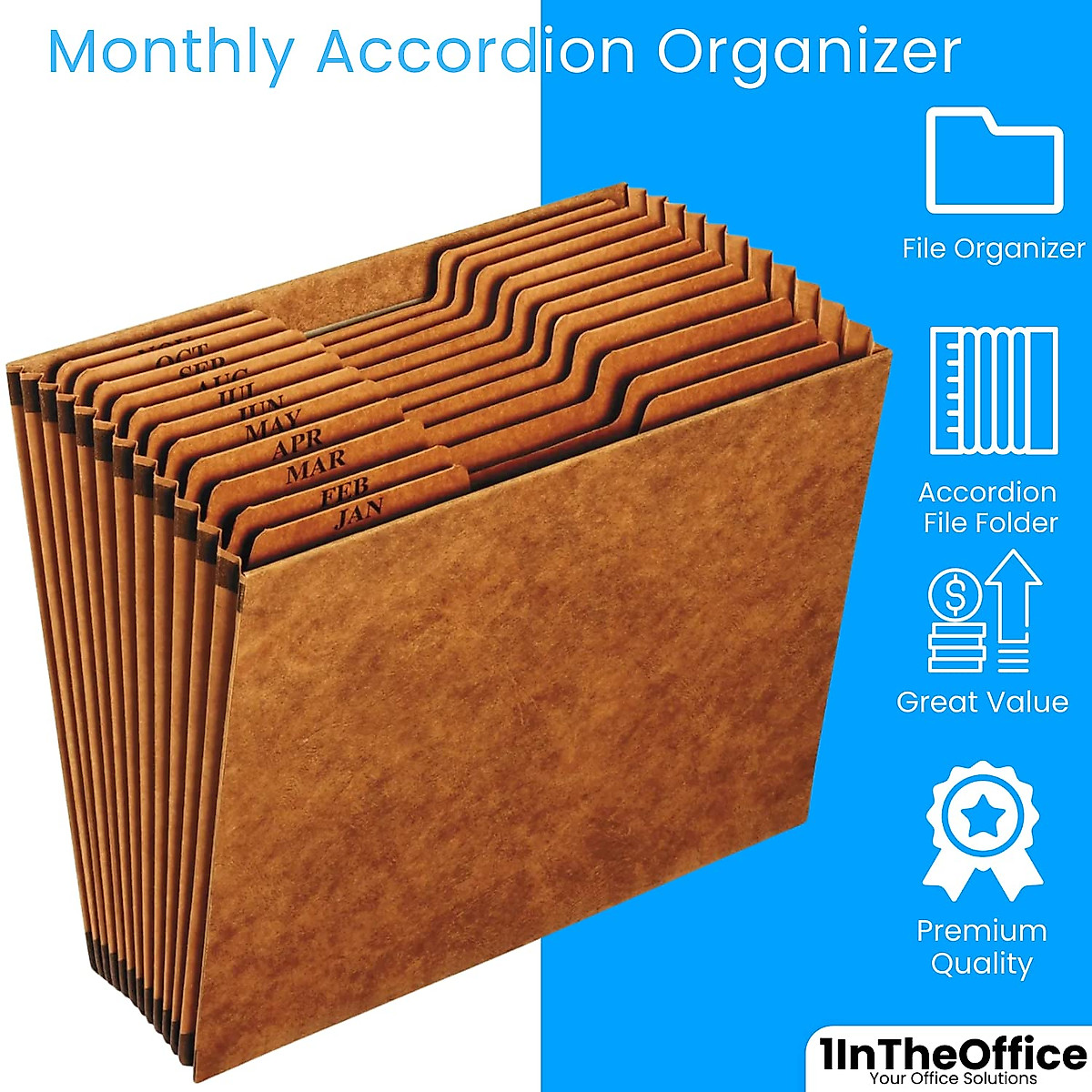 1InTheOffice Monthly Accordion File Organizer - Heavy Duty- Expanding File Folder, 12 Monthly Pockets File Organizer, Open-Top, Brown, Letter Size