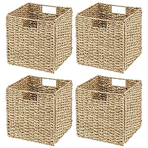 mDesign Seagrass Woven Cube Storage Bin Basket Organizer with Handles for Kitchen Pantry, Cabinet, Cupboard - Shelf and Cubby Organization, Holds Food, Drinks, Snacks, Appliances - 4 Pack, Natural/Tan