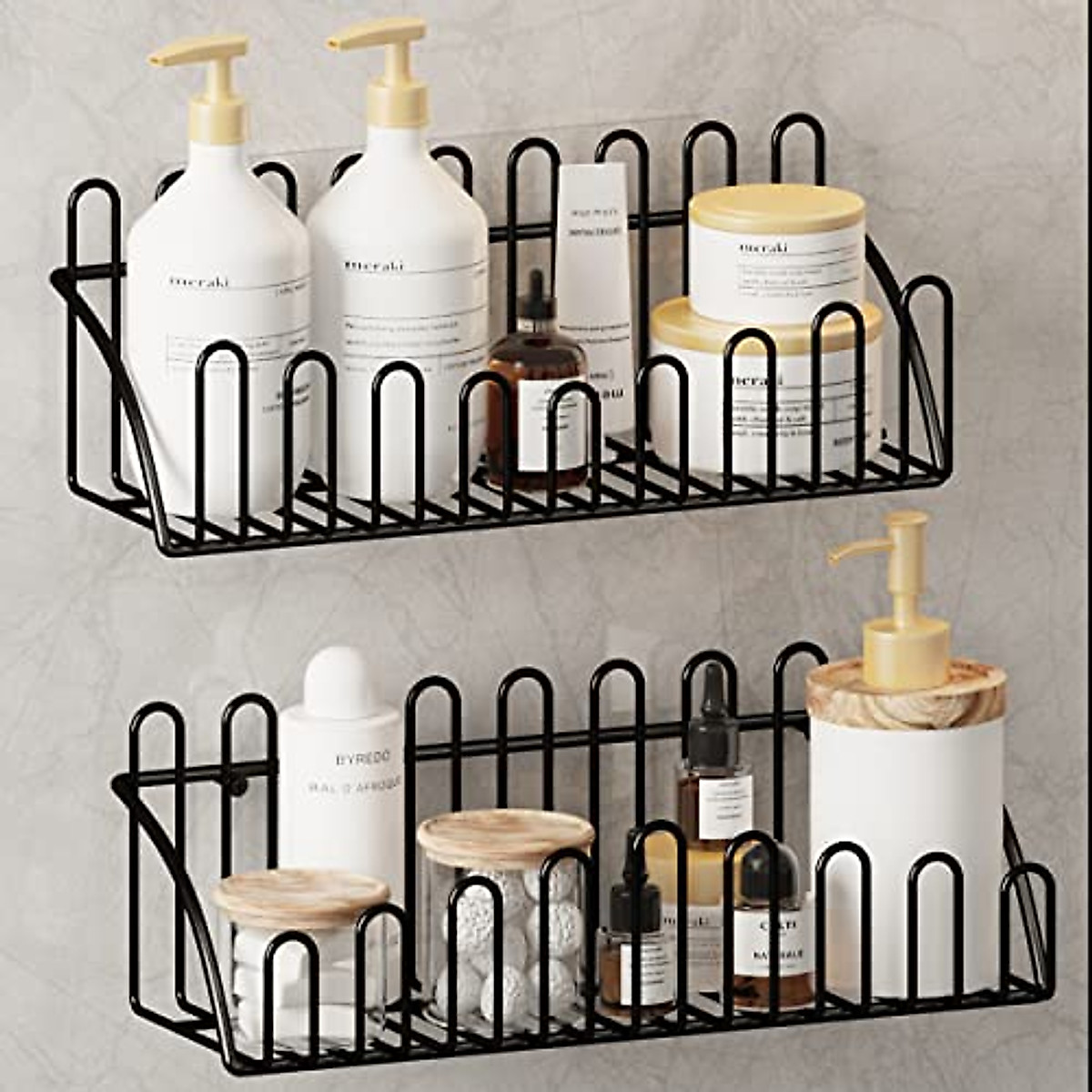 Roseyat Wire Shower Caddy Shower Shelves With 18 Hooks, Shower Shelf for Inside Shower, Stainless Steel Bathroom Shower Organizer, 2 Packs Shower Rack for Inside Shower, Bathroom, Kitchen, Matt Black