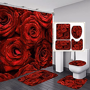 4pcs Red Roses Bathroom Sets with Shower Curtains and Rugs for Women Romantic Red Roses Shower Curtains with Nonslip Rugs and Soft Bath Mat Toilet Seat Cover for Valentines’ Day Gifts